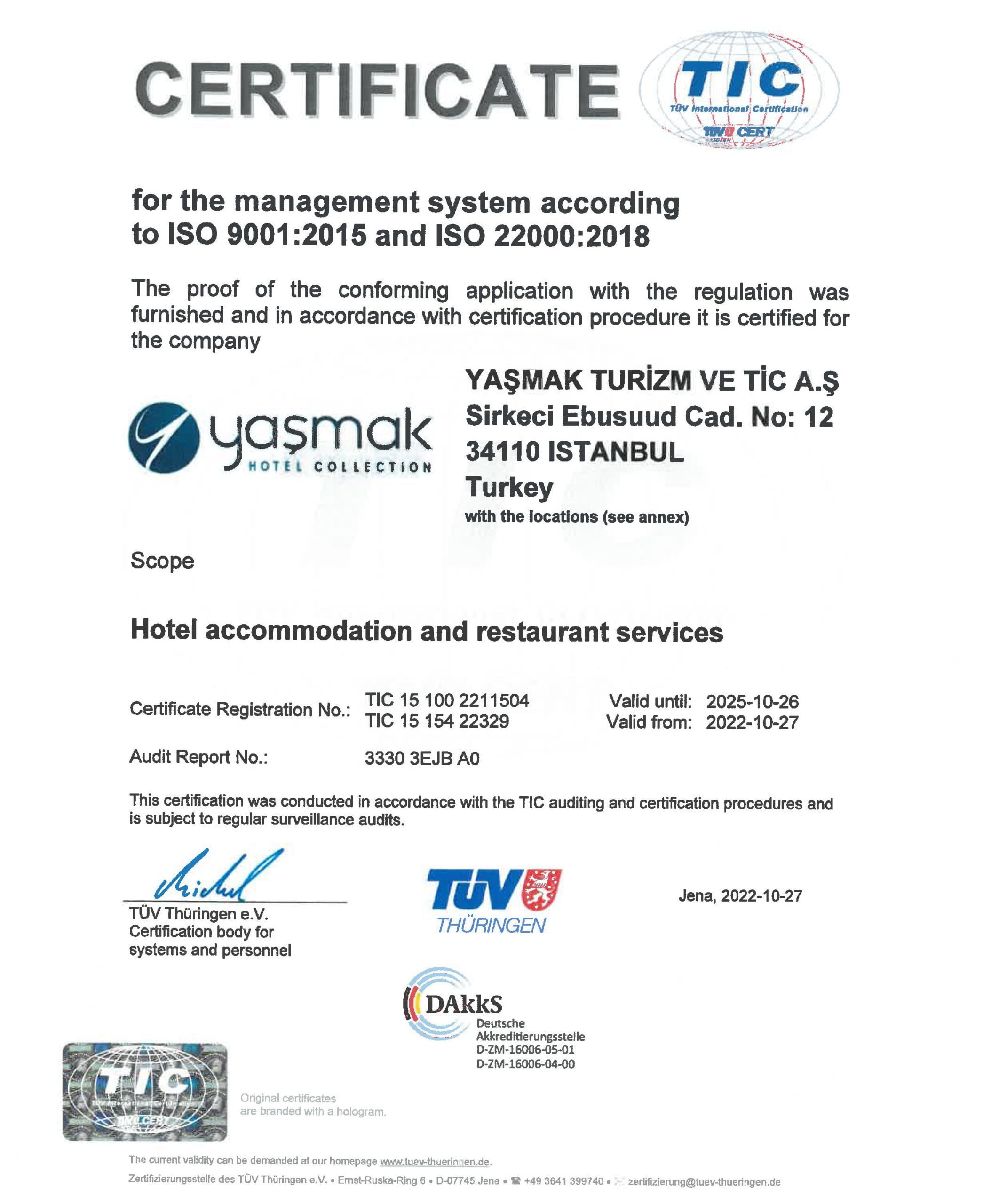 Certificates - 4 Star Hotel in Sultanahmet Istanbul | Yasmak Sultan Hotel